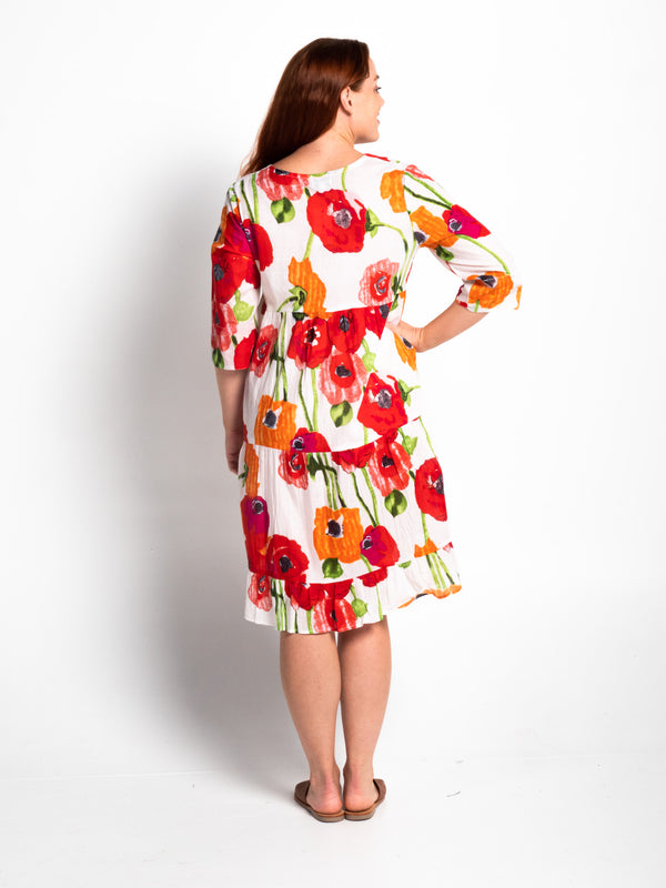 Keppel V-neck Gypsy Dress in Orange and Red Poppies - Colourful Cottons